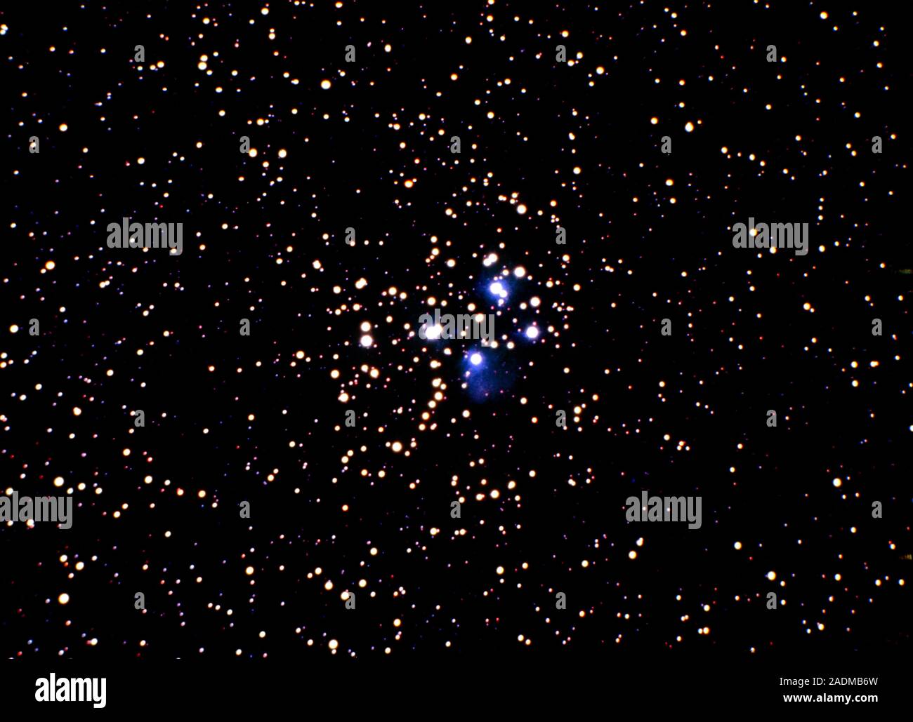 Optical photograph of M45, the Pleiades open star cluster. The brighter ...