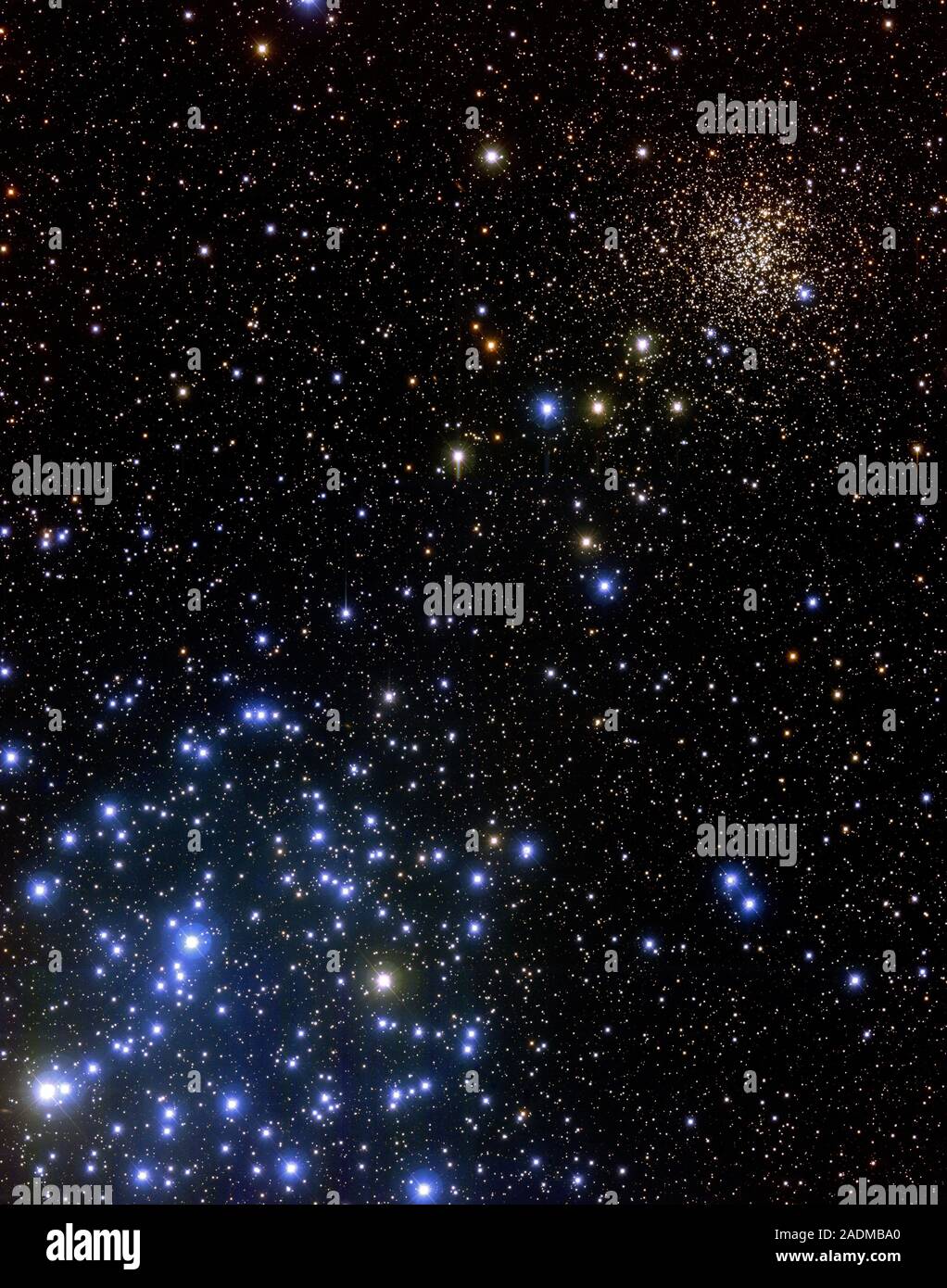 Star clusters. Optical image of the open (galactic) star clusters M35 (NGC 2168, lower left) and ...