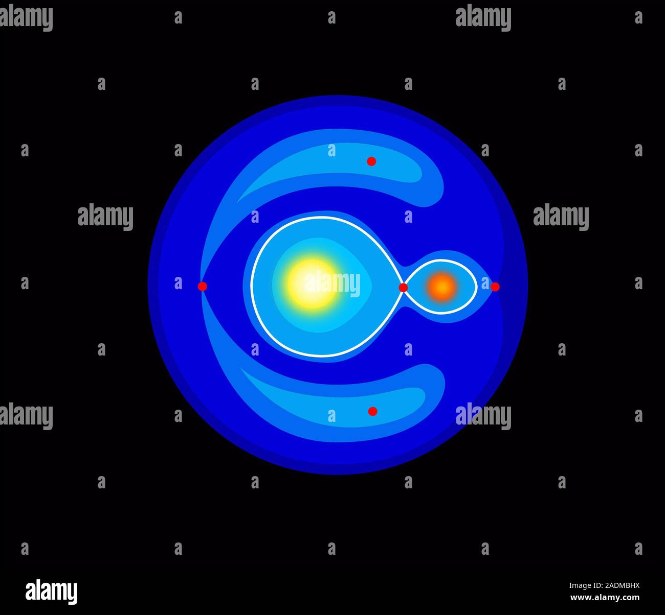 Binary star. Artwork of a binary star system, with a large yellow star ...