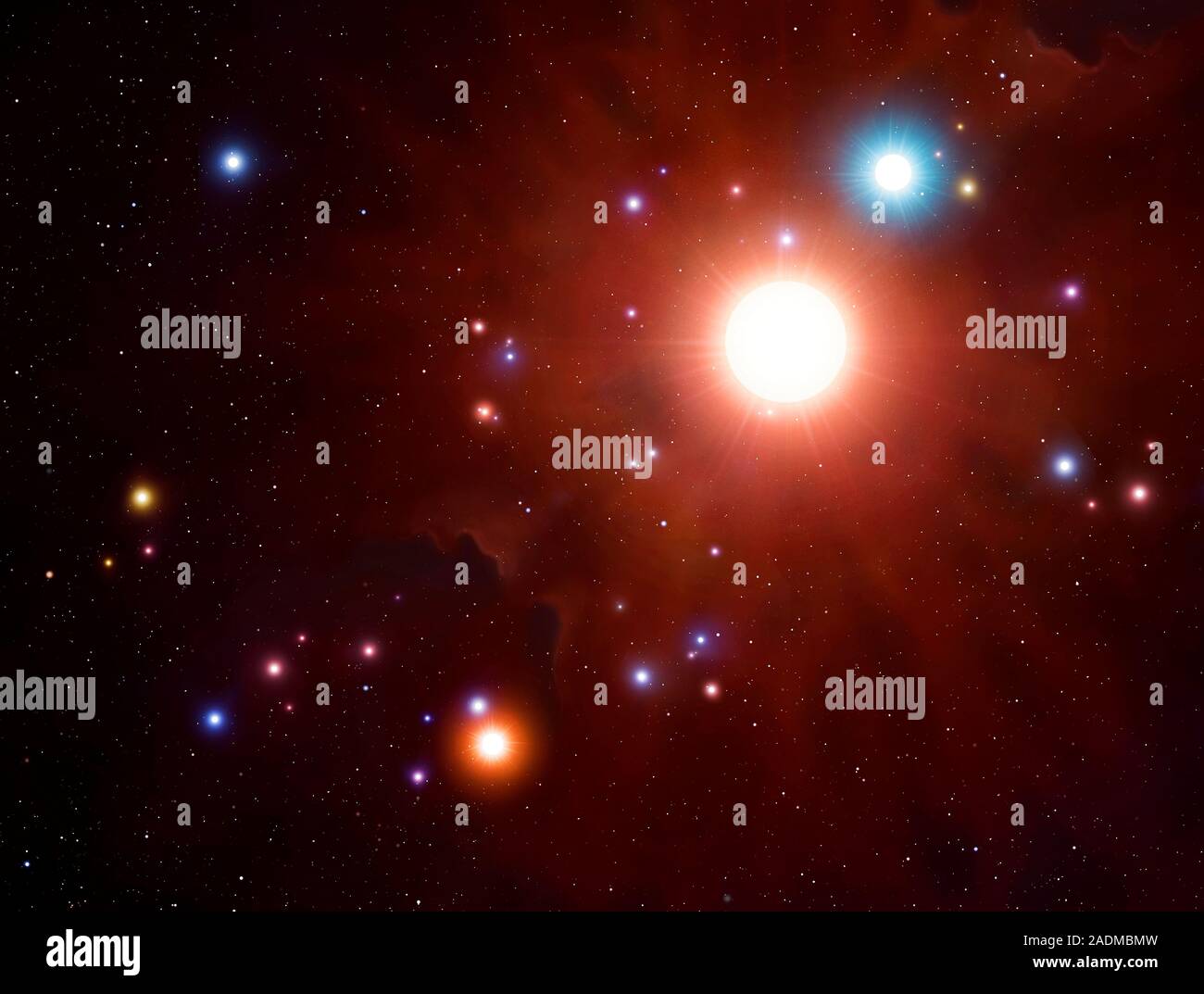 Binary star system, artwork. Two stars (top right) forming a binary ...