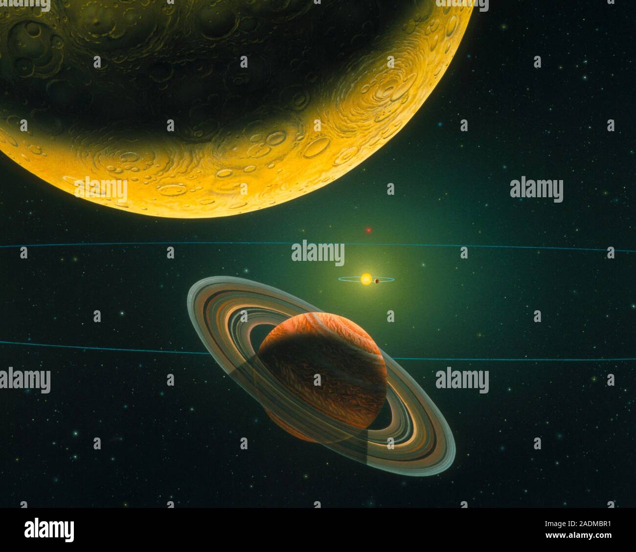 Alien planet. Artwork of the planets and their orbits (blue lines) in ...