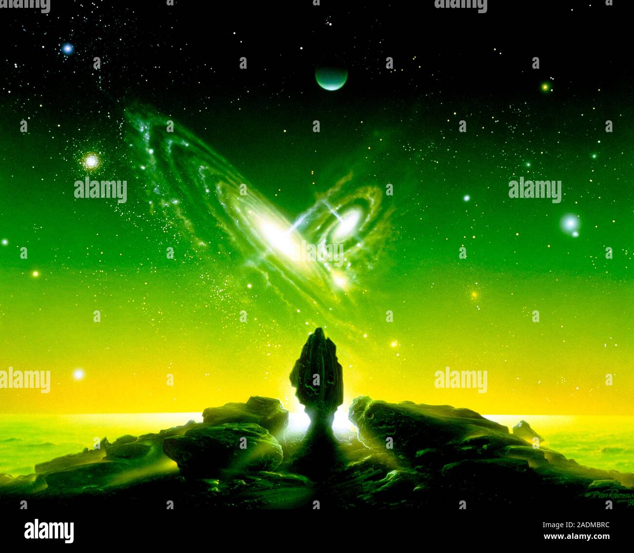 Colliding galaxies. Artwork of two colliding galaxies (centre) seen ...