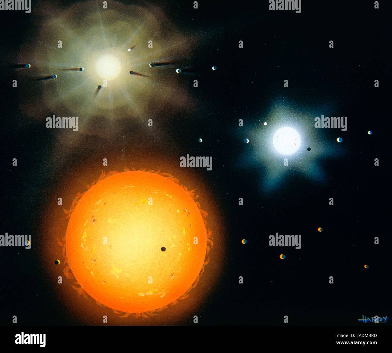 Star system evolution. Artwork of three stages in the evolution of a ...