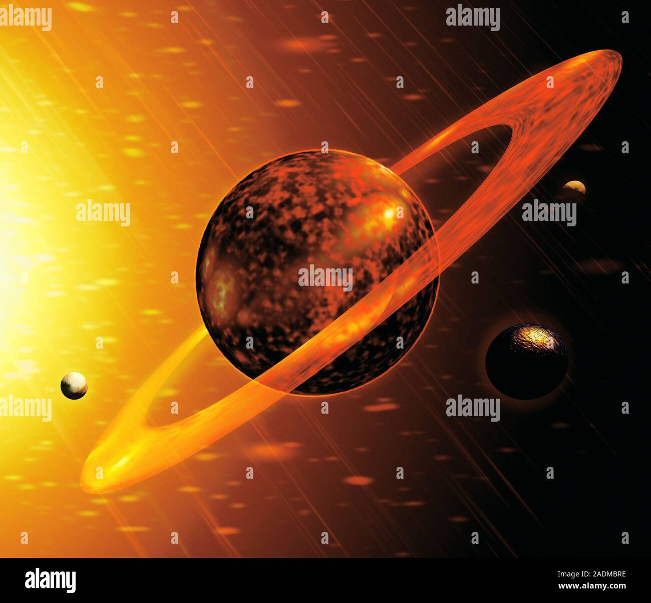 Ringed planets and moons. Computer artwork of a ringed planet of a red ...