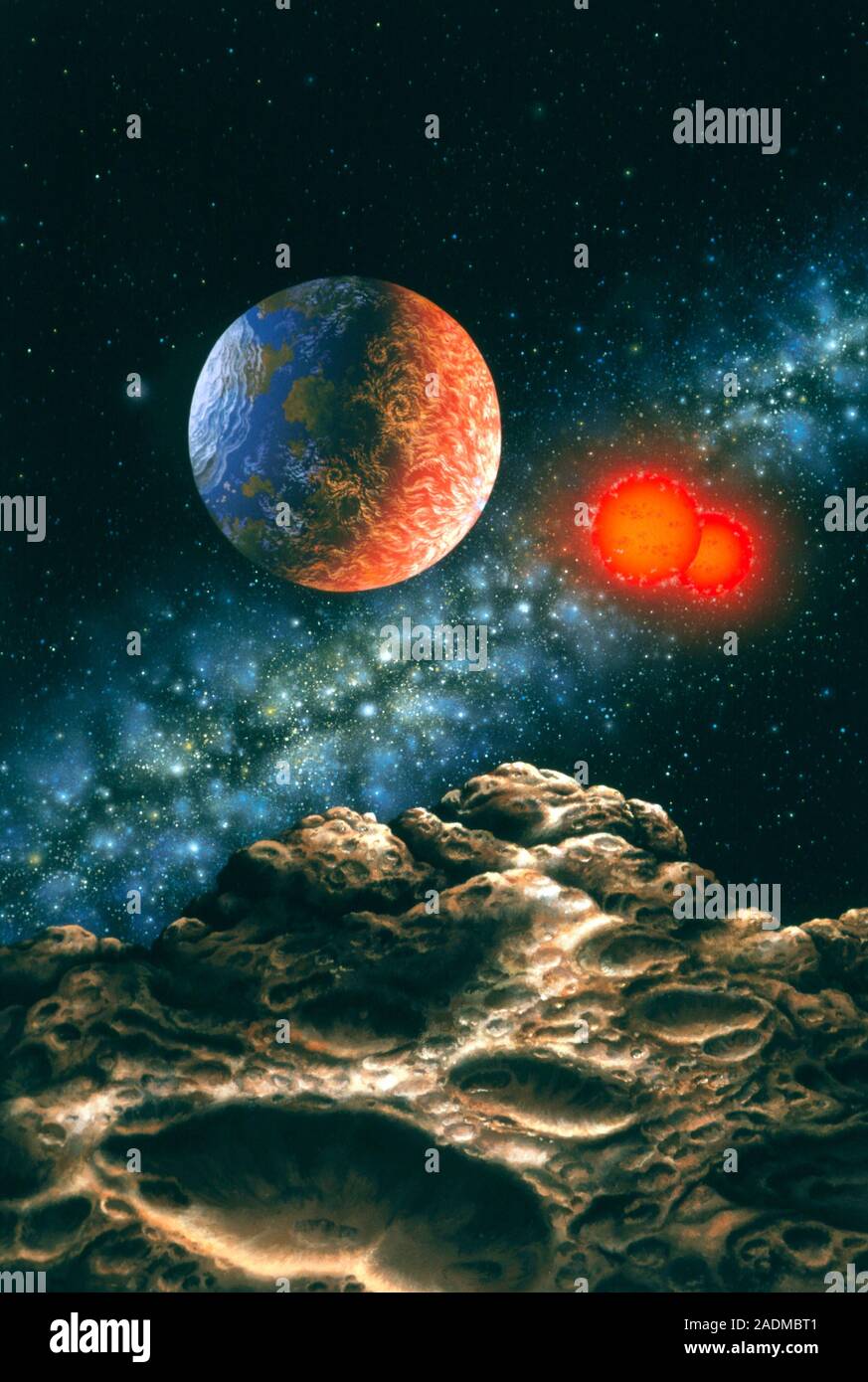 Red dwarfs planet. Artwork of a planet orbiting a binary star system ...