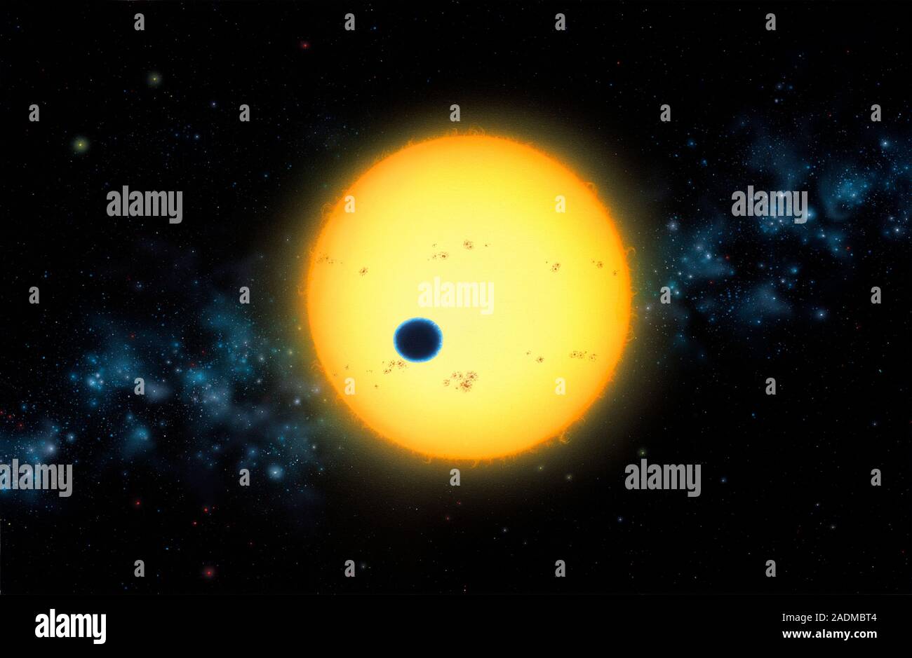 Alien planet. Silhouette of the alien planet HD 209458b as it passes in ...