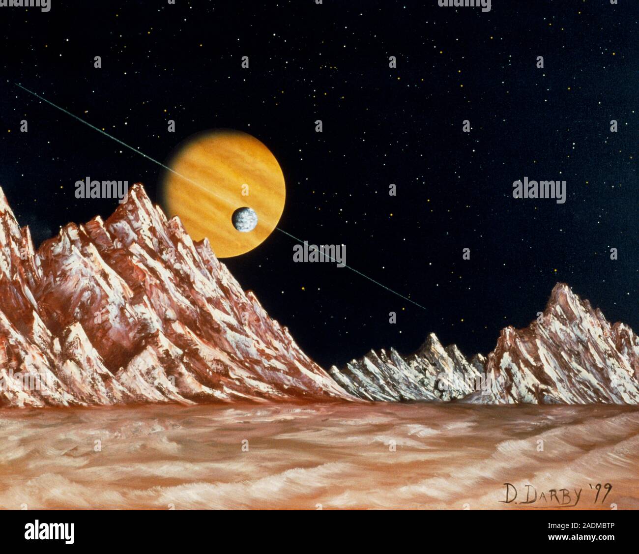Alien planet. Artwork of a ringed planet seen from behind mountains on ...