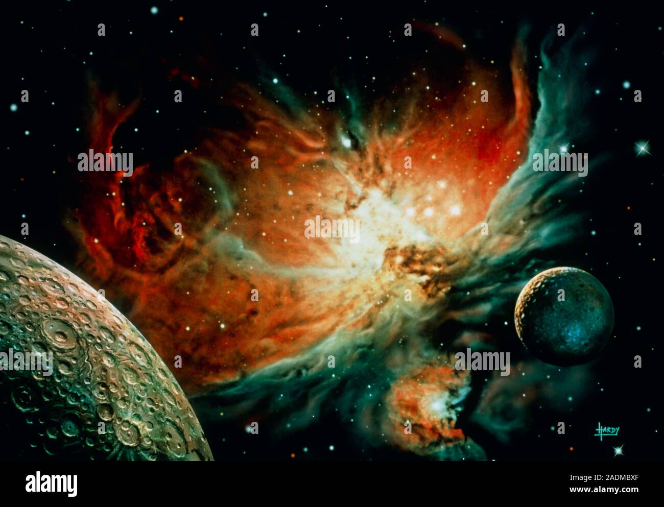 Alien planets and Orion nebula. Artwork of alien planets against a ...