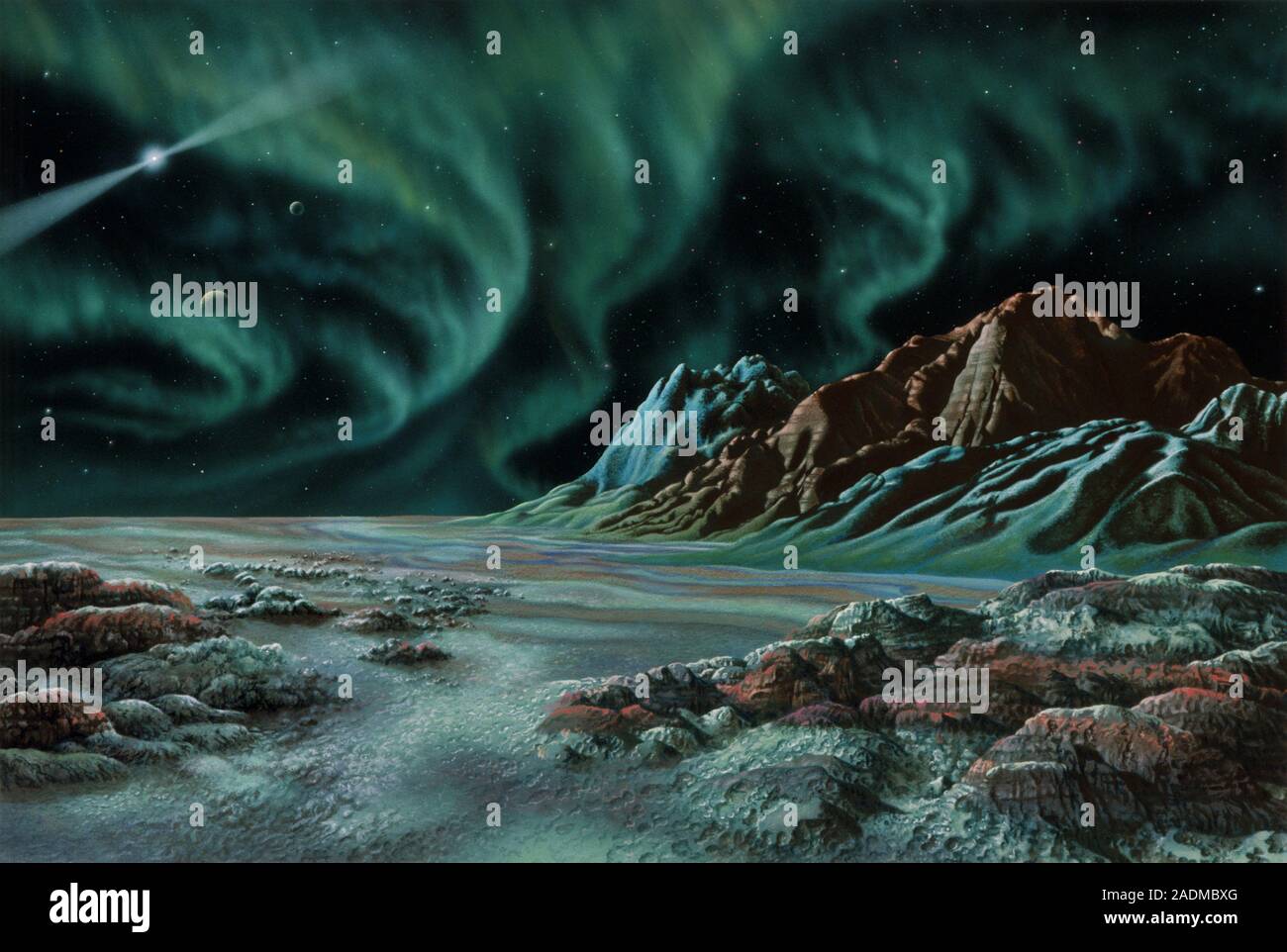 Pulsar planet. Artwork of pulsar PSR 1257+12 (upper left, with beams ...