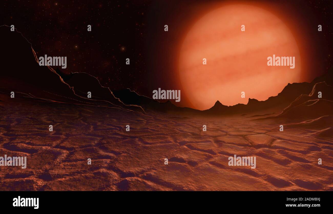 Alien landscape. Artwork of the surface of a planet orbiting a brown ...