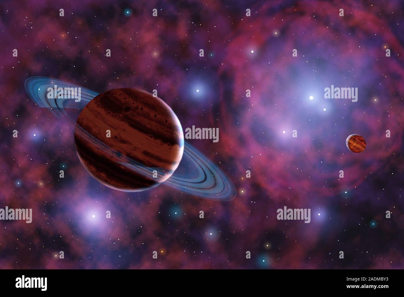 Free-floating planets. Computer artwork of two gas giant planets moving ...