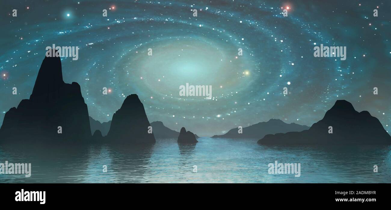 Alien night sky showing a spiral galaxy seen face- on from a watery ...