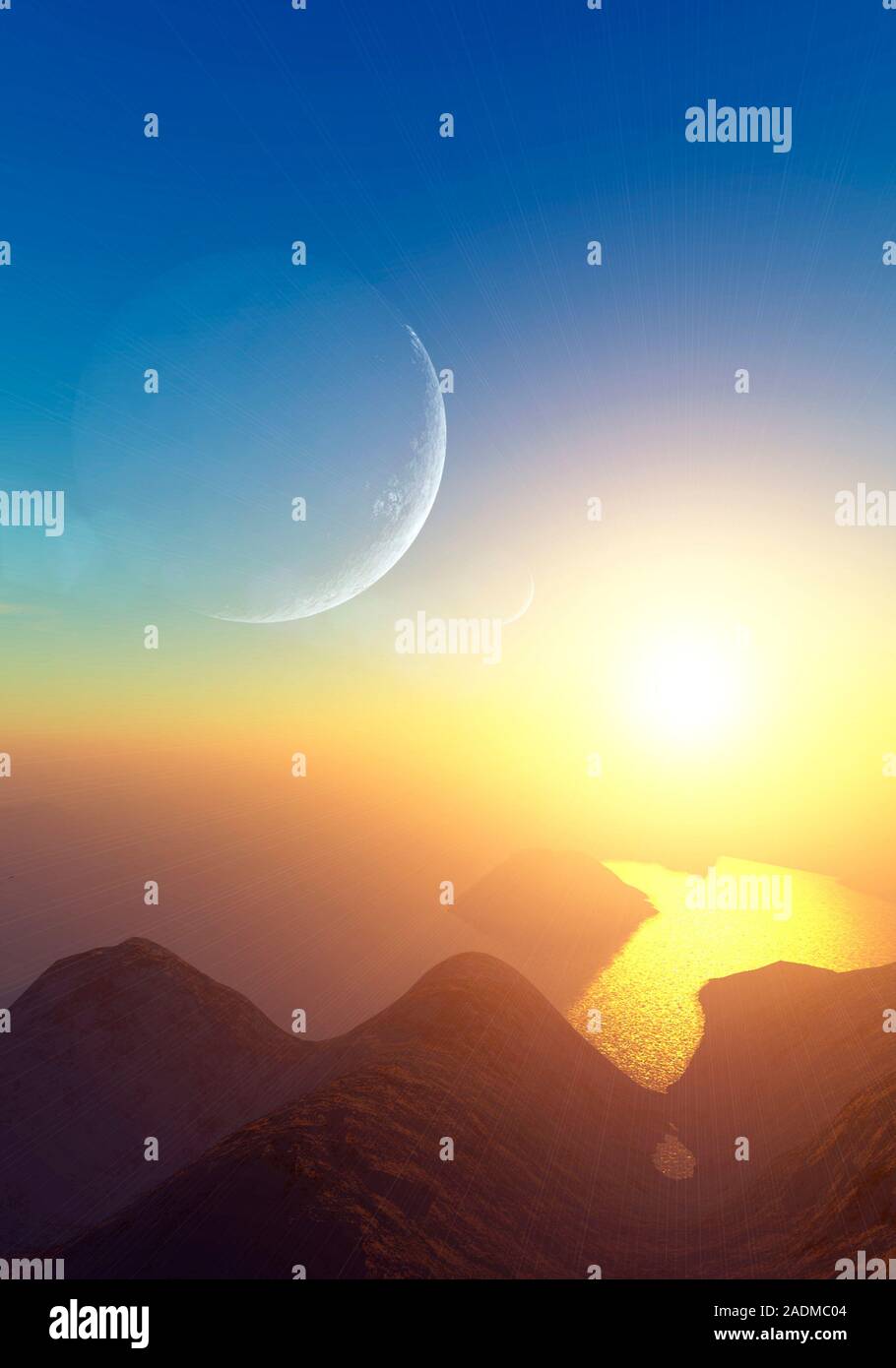 Landscape on an extrasolar planet. Artwork of a coastal landscape below ...