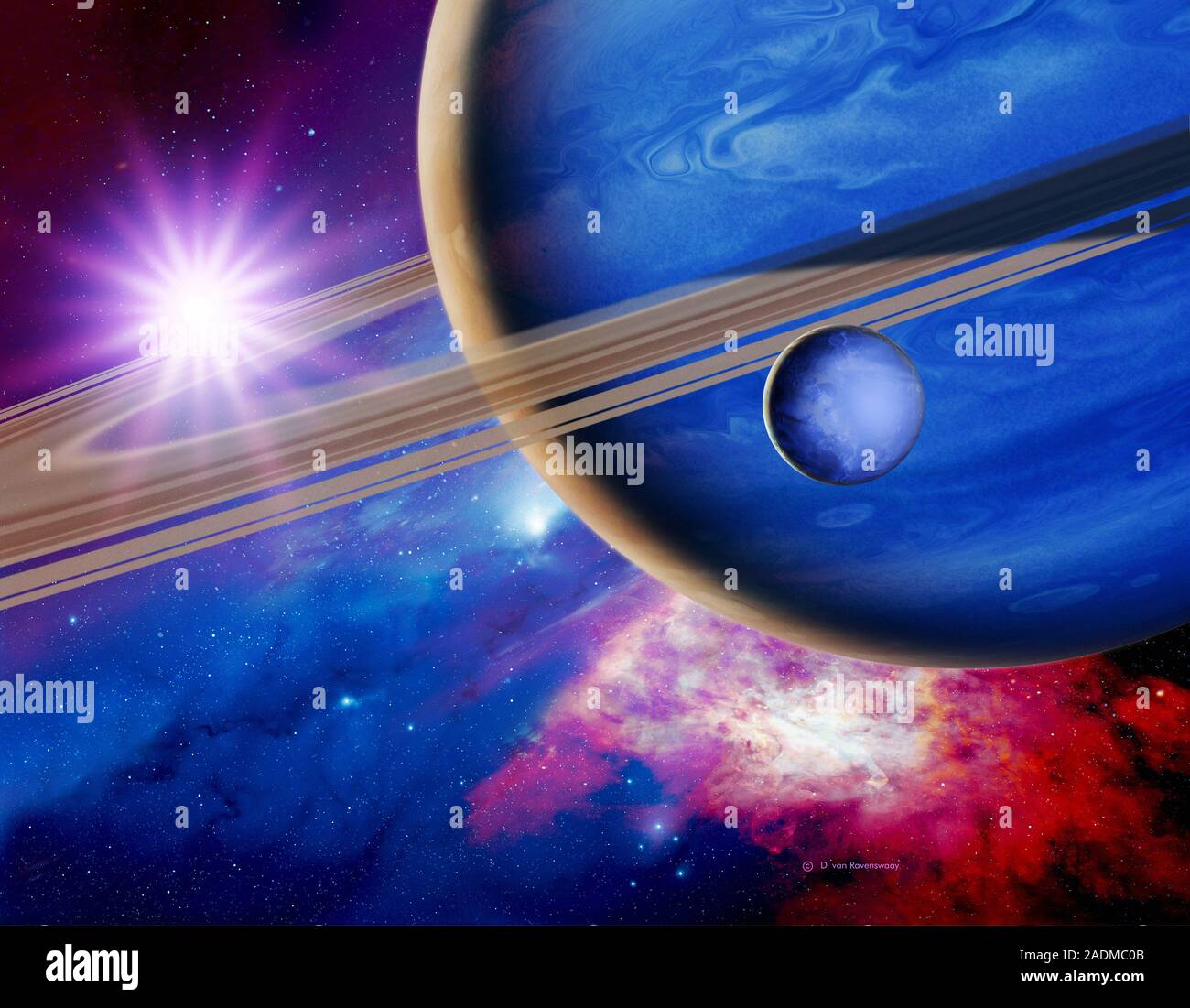 Alien planet. Artwork of an extrasolar ringed gas giant planet, one of ...