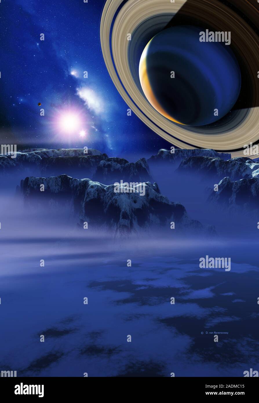 Double star system. Artwork of a ringed extrasolar planet orbiting a ...