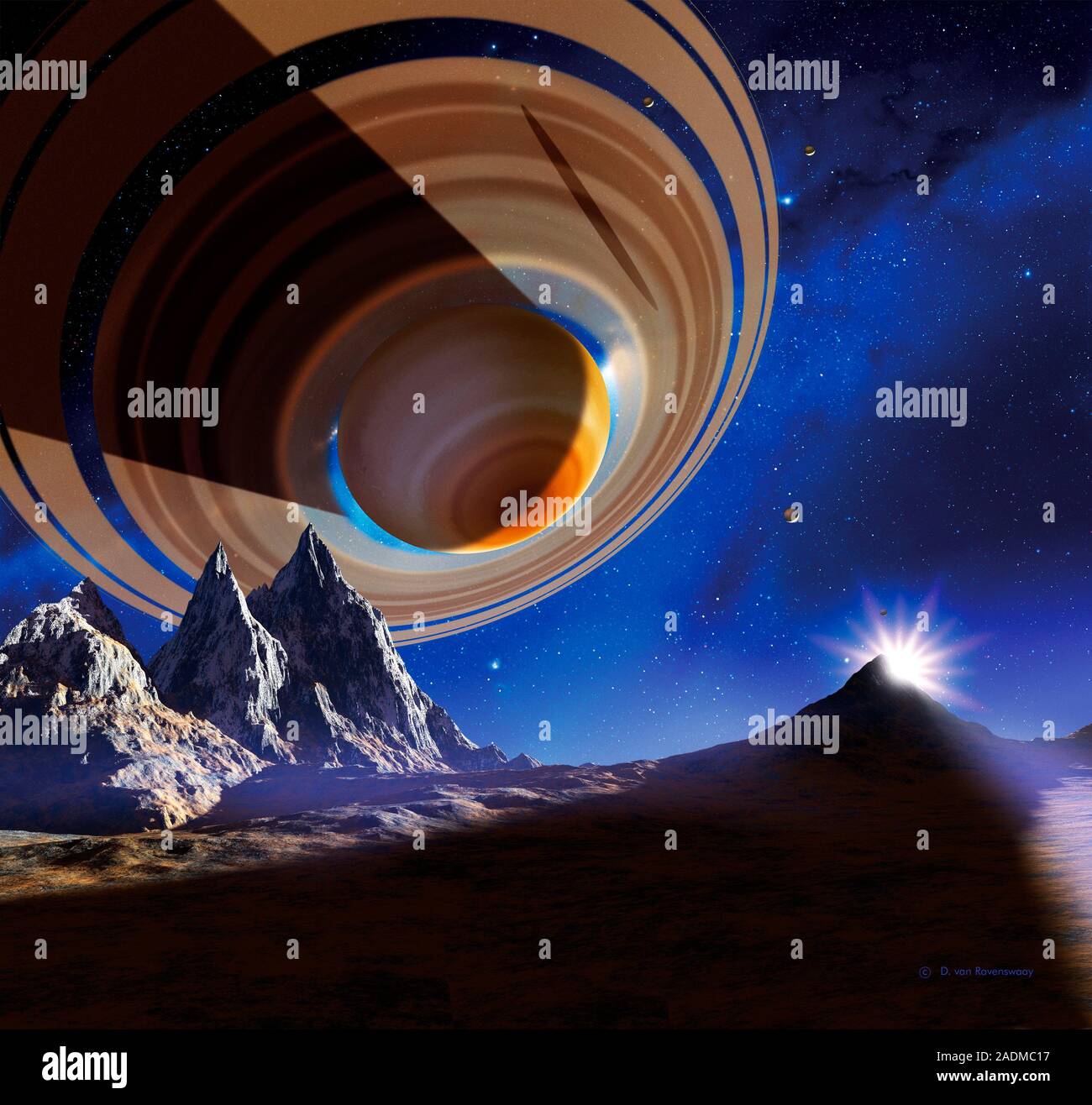 Abstract artwork of a ringed planet as seen from one of its moons Stock ...