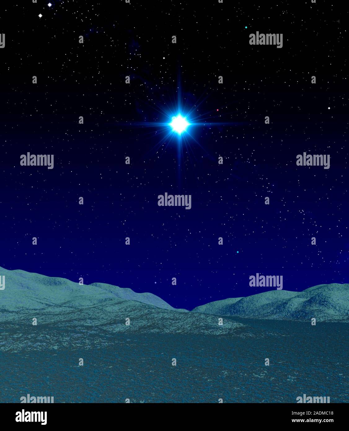 Alien night sky. Computer artwork of a bright star seen over a desolate ...