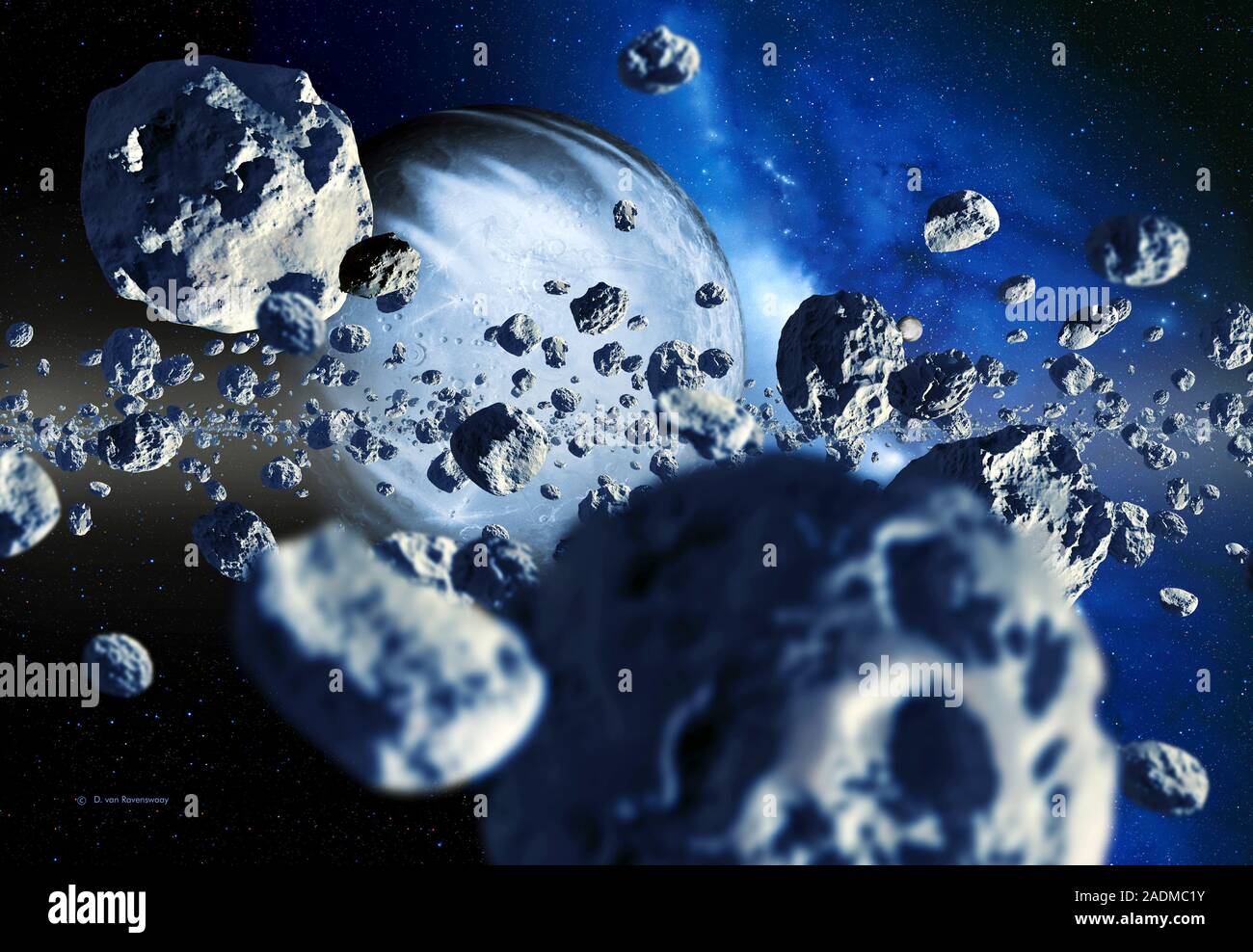Icy bodies in a Kuiper Belt. Artwork of a planet orbiting a star ...