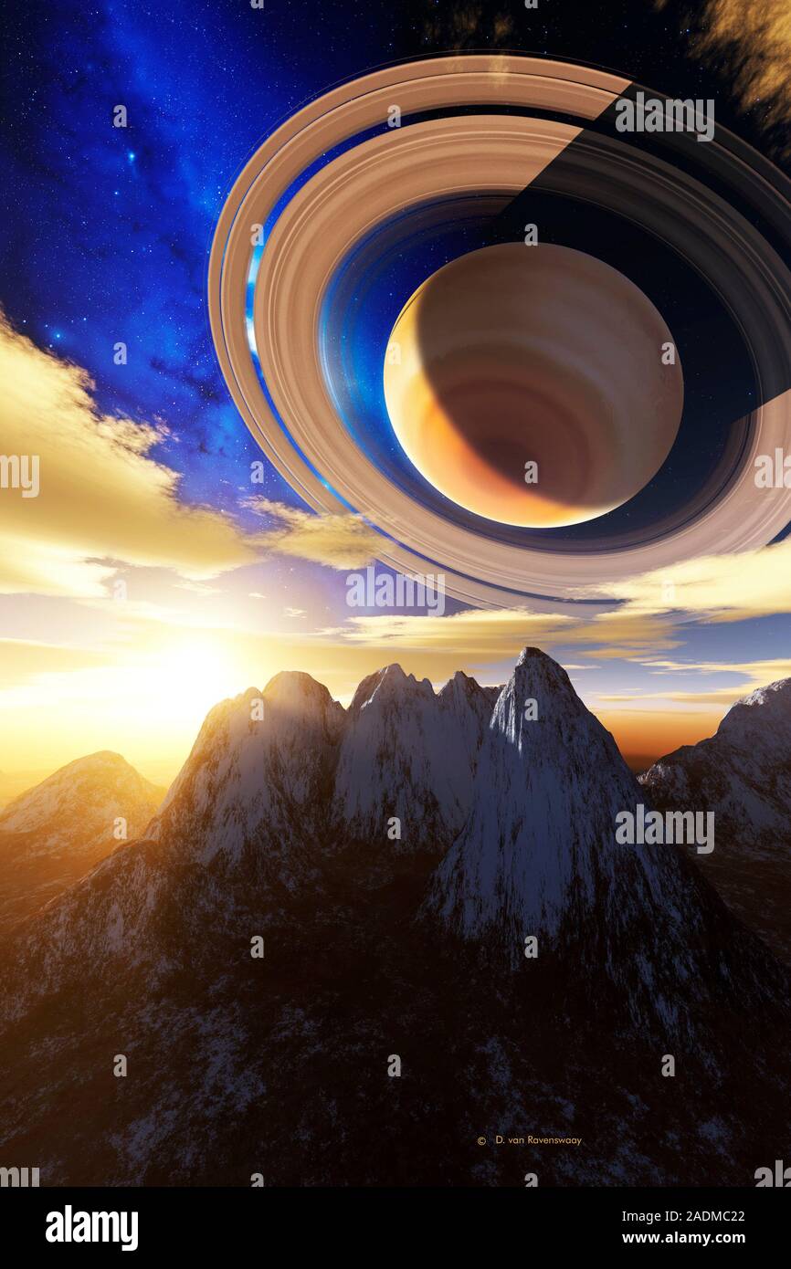 Extrasolar planetary system. Artwork of a ringed gas giant orbiting a ...