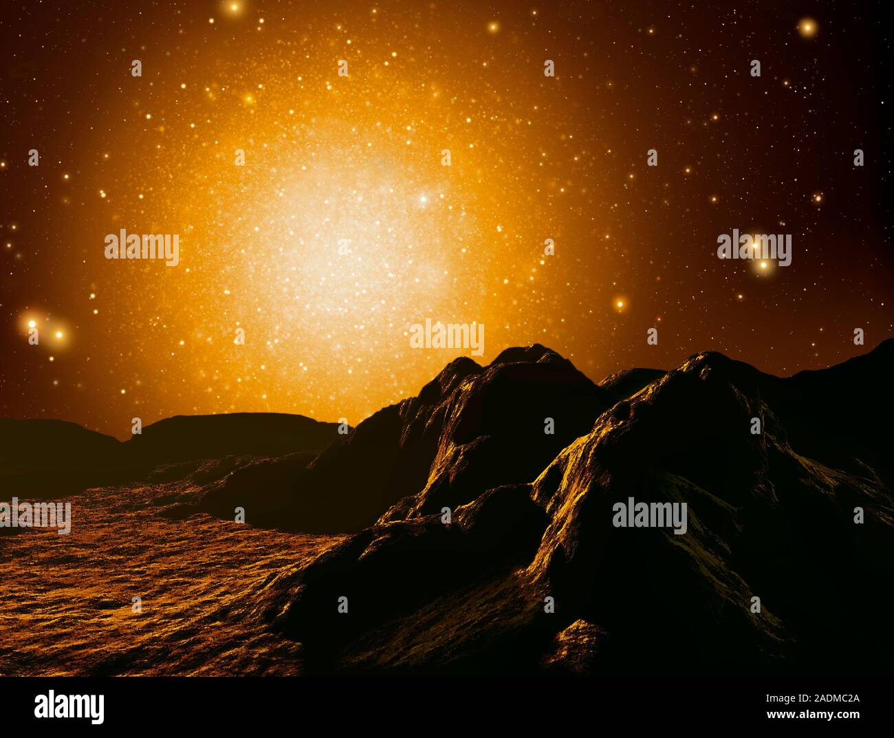 Globular cluster in night sky. Artwork of the view from the surface of ...