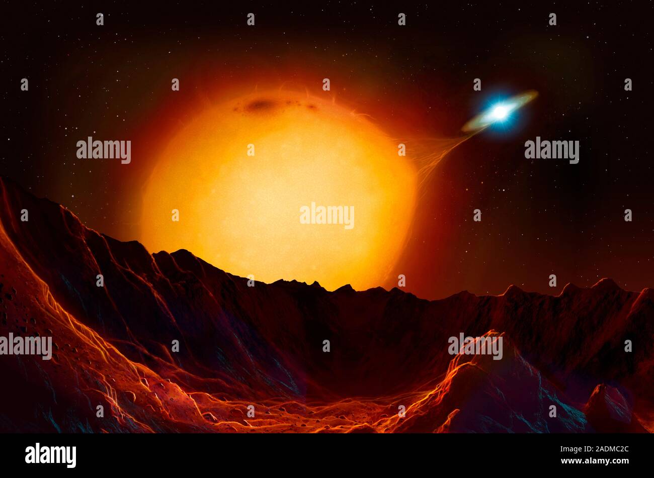 X-ray binary in night sky, artwork. Red dwarf star (left) and a ...