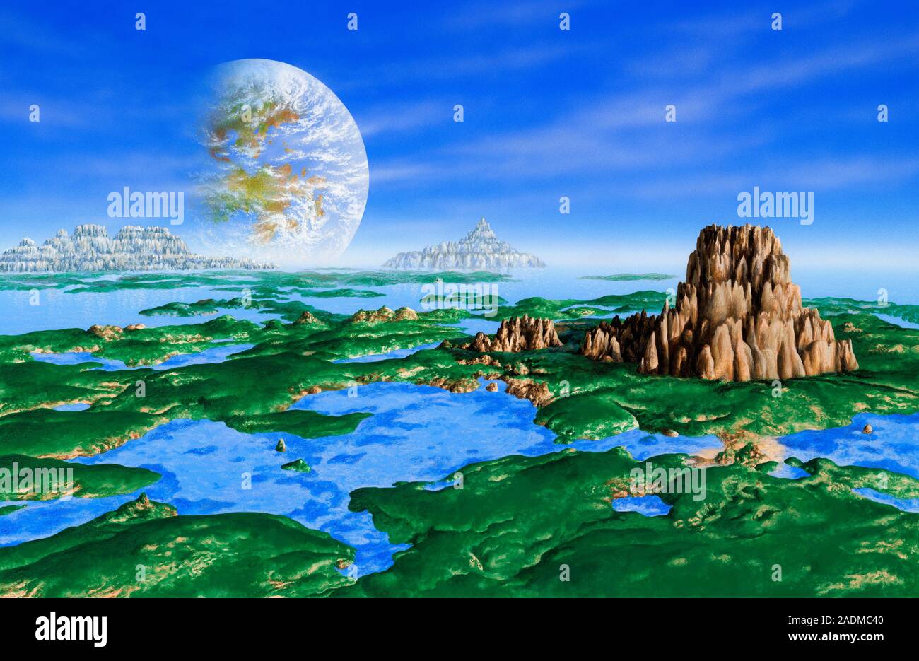 Earth-like extrasolar planet. Artwork of a hypothetical extrasolar moon ...