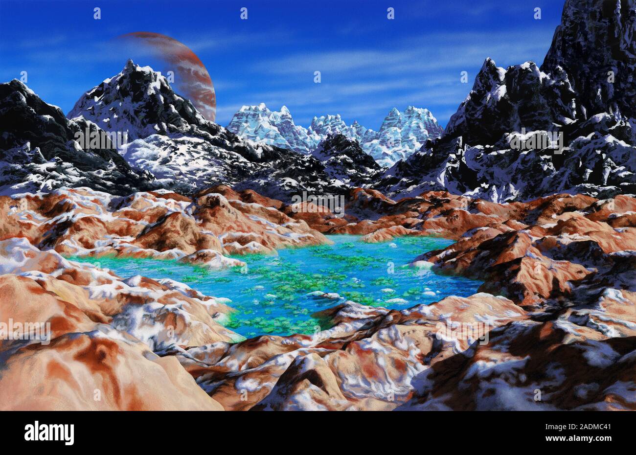 Extrasolar moon and planet. Artwork of a hypothetical extrasolar moon ...