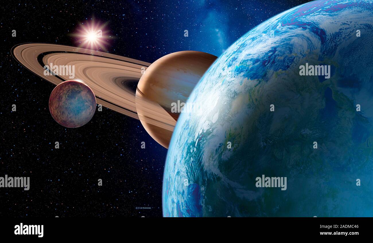 Earth-like gas giant moon. Artwork of an Earth- like moon of an ...