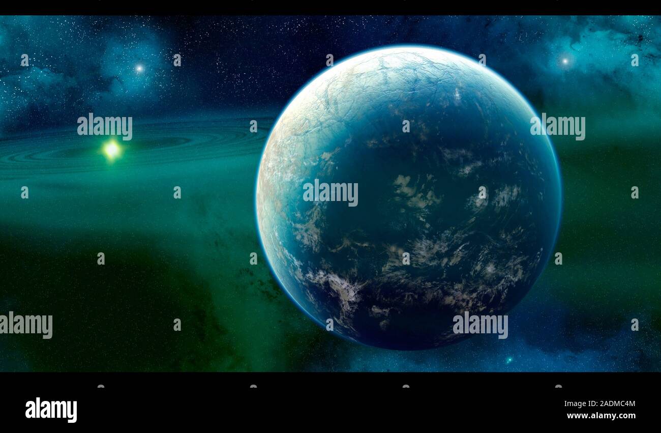 Extrasolar planet. Artwork of an Earth-like planet and its parent star ...