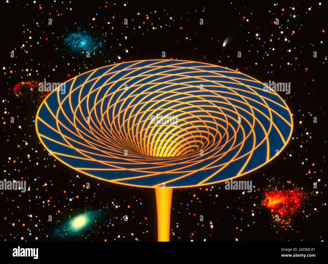 Black hole. Computer artwork of a black hole distorting spacetime on a ...