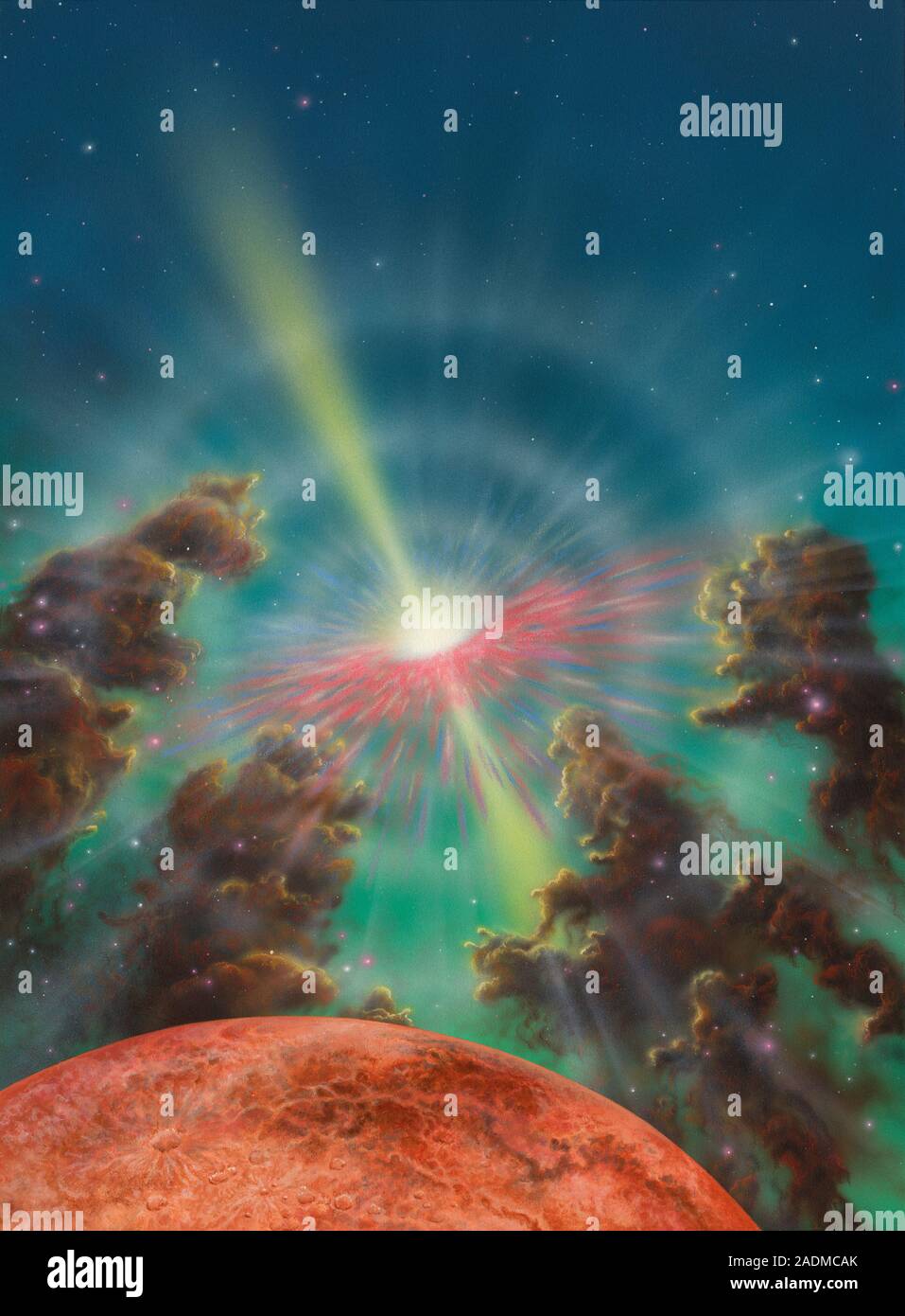 Gamma ray burst. Artwork of a gamma ray burst seen from above a planet ...