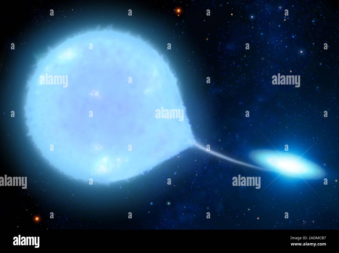X-ray binary. Artwork of an X-ray binary star system. Gas is being sucked from the giant blue ...
