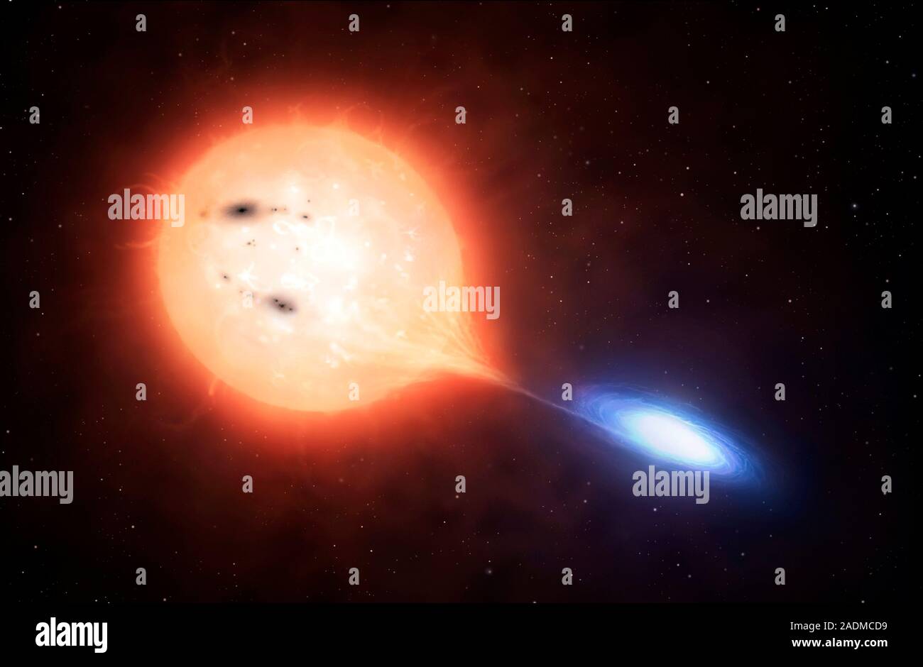 Cataclysmic variable binary star system, artwork. A red dwarf star (left) is seen in mutual ...