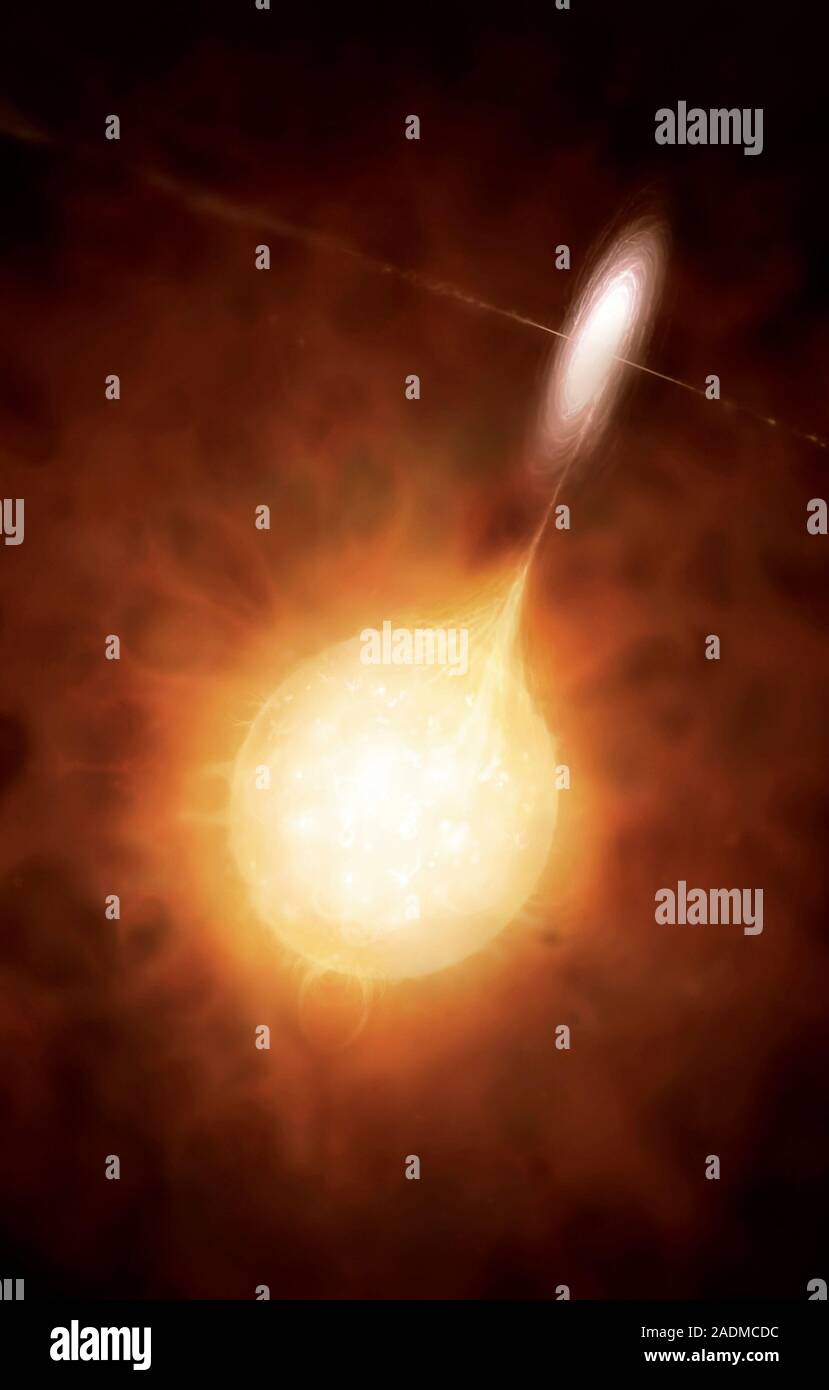X-ray binary star system, artwork. A star (lower centre) is seen in ...
