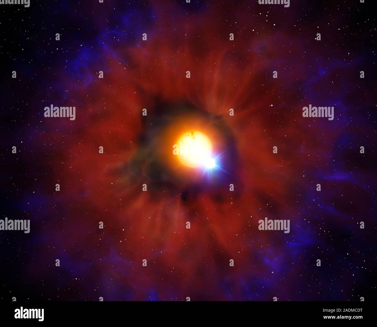 Shell of gas from a nova, artwork. Expanding shell of gas (red and blue ...