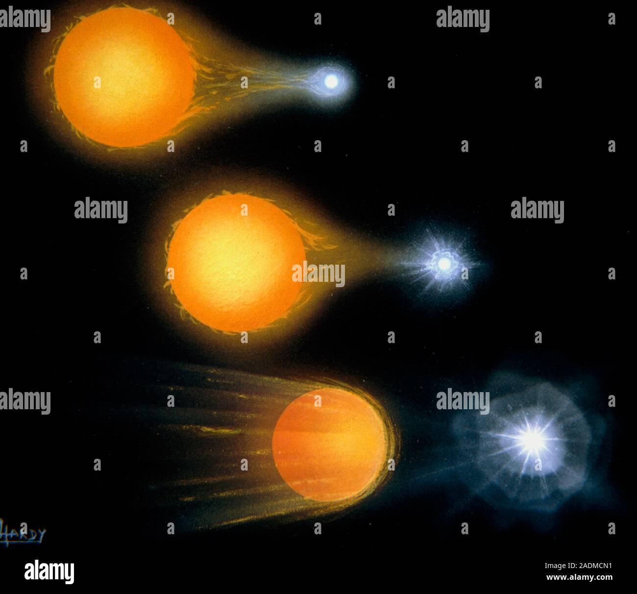 Nova formation. Artwork depicting three stages in the formation of a ...