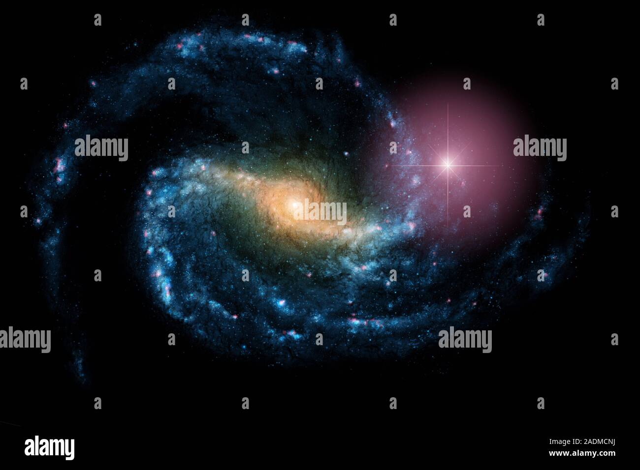 Supernova. Computer artwork of a supernova (pink) in the barred spiral ...