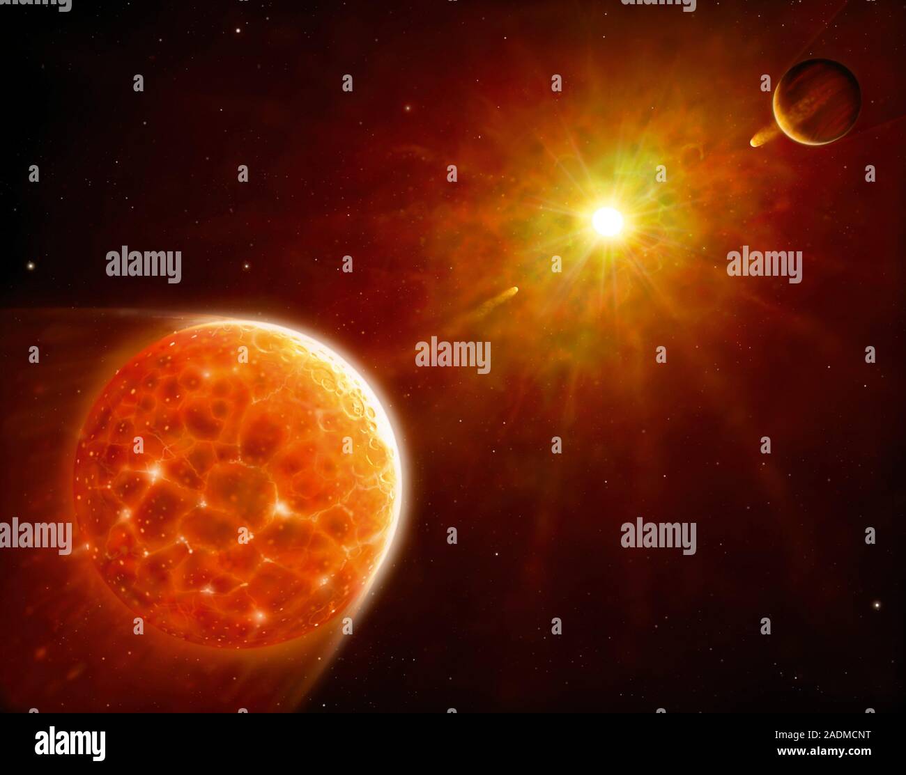 Supernova in a planetary system, artwork. A supernova is the explosive ...