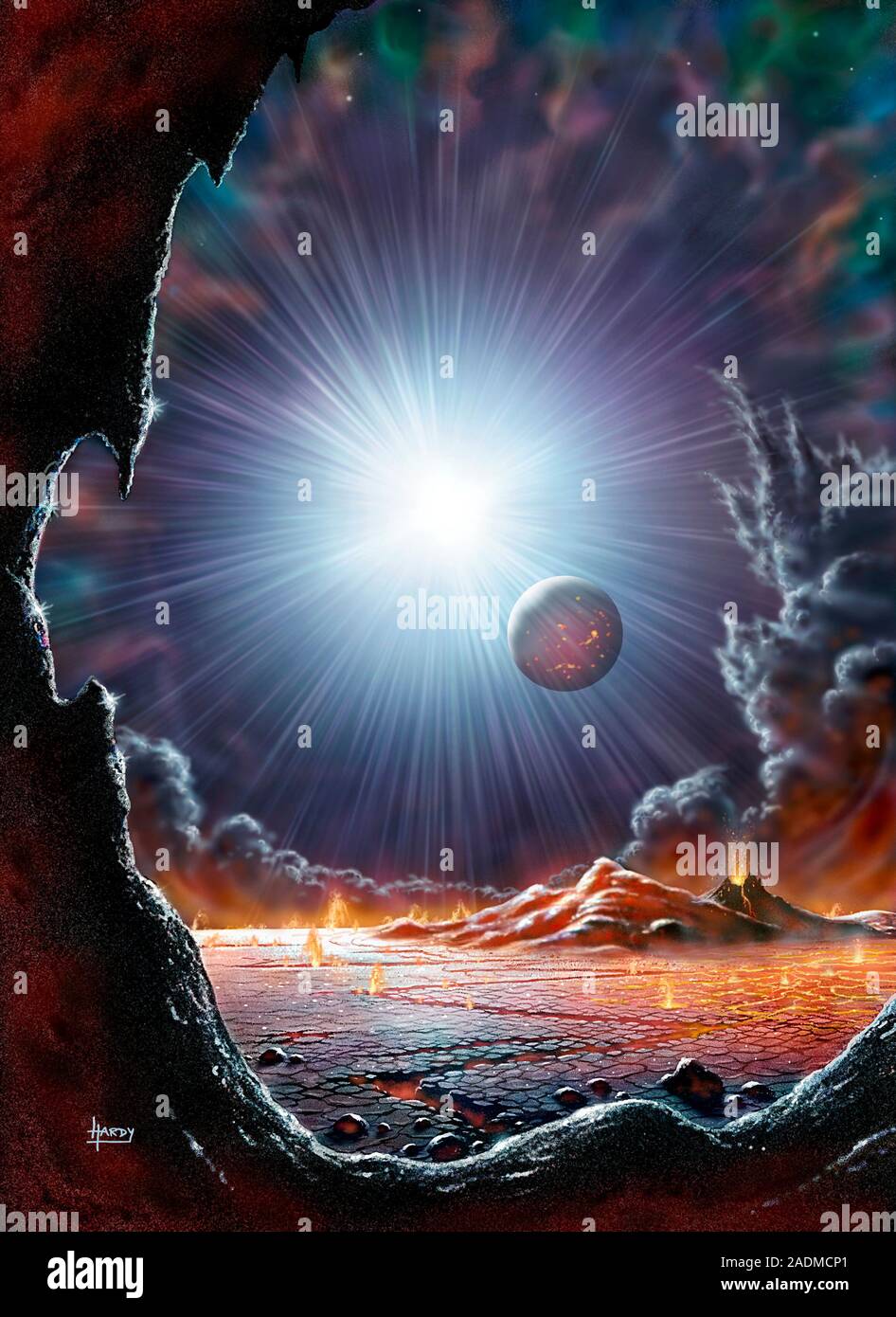 Nova from a planet. Artwork of a star undergoing a nova explosion, seen ...