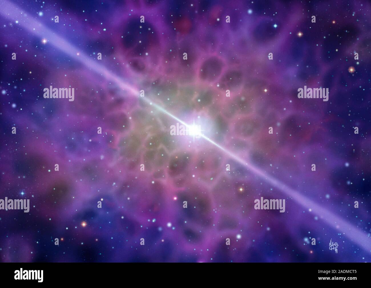 Pulsar. Computer illustration of a pulsar in its nebulous supernova ...