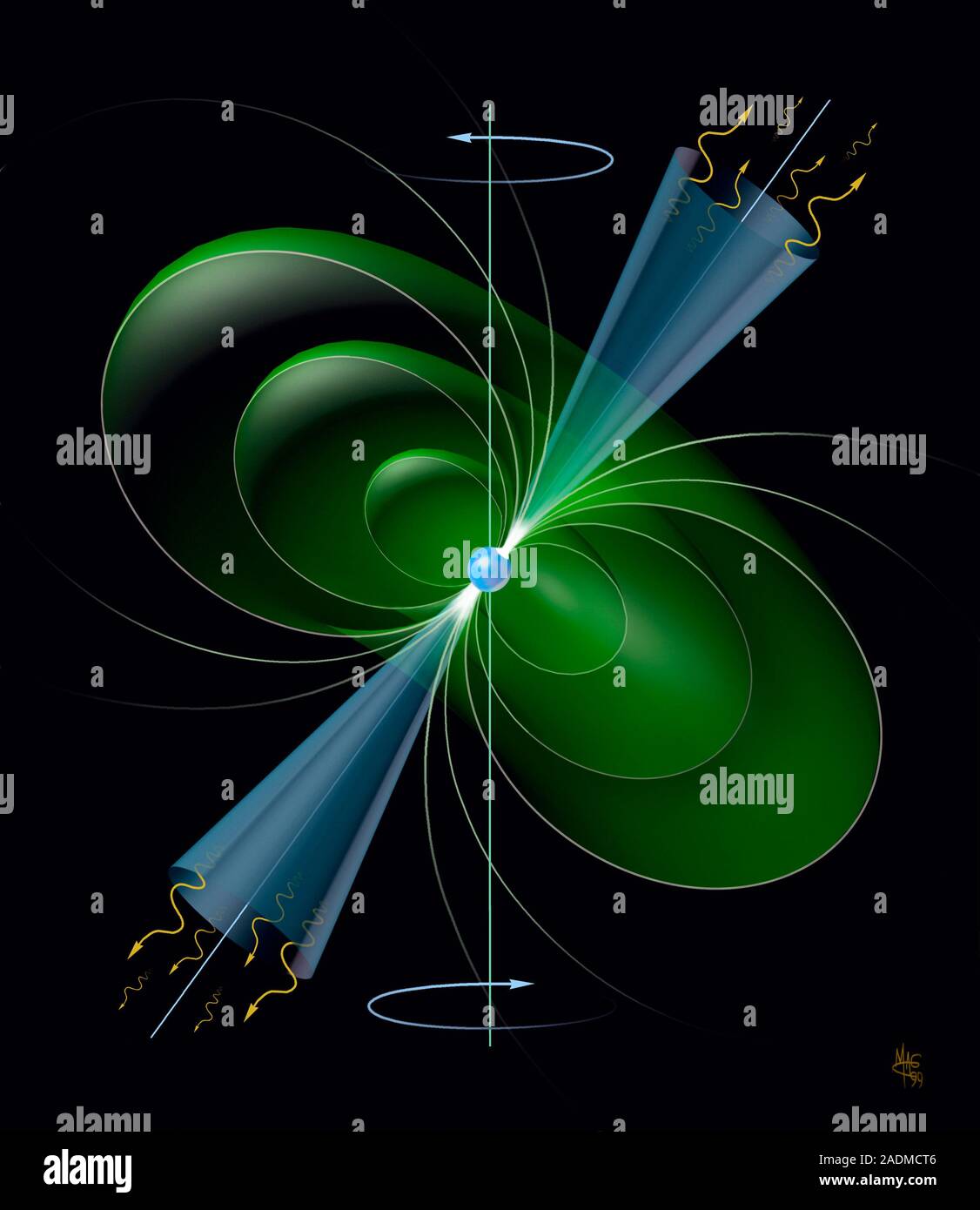 Pulsar. Computer illustration of a pulsar showing its emission ...