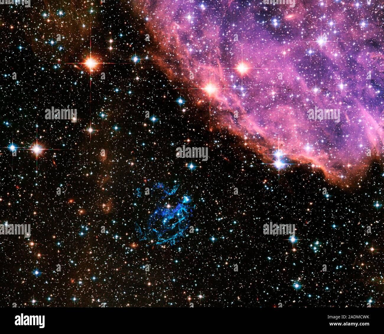 Supernova remnant E0102 and N 76. The supernova remnant is the blue ...