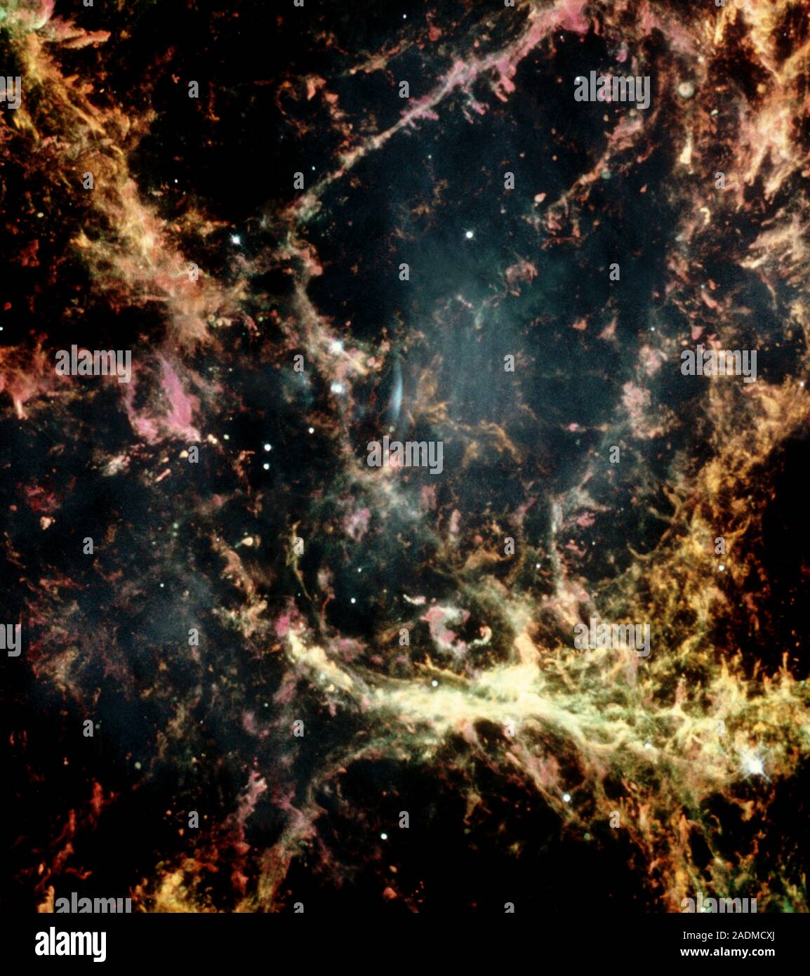 Crab Nebula. Hubble Space Telescope image of the interior of the Crab Nebula supernova remnant ...