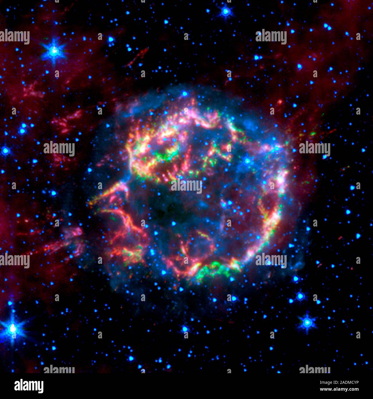 Supernova remnant Cassiopeia A, infrared Spitzer telescope image ...