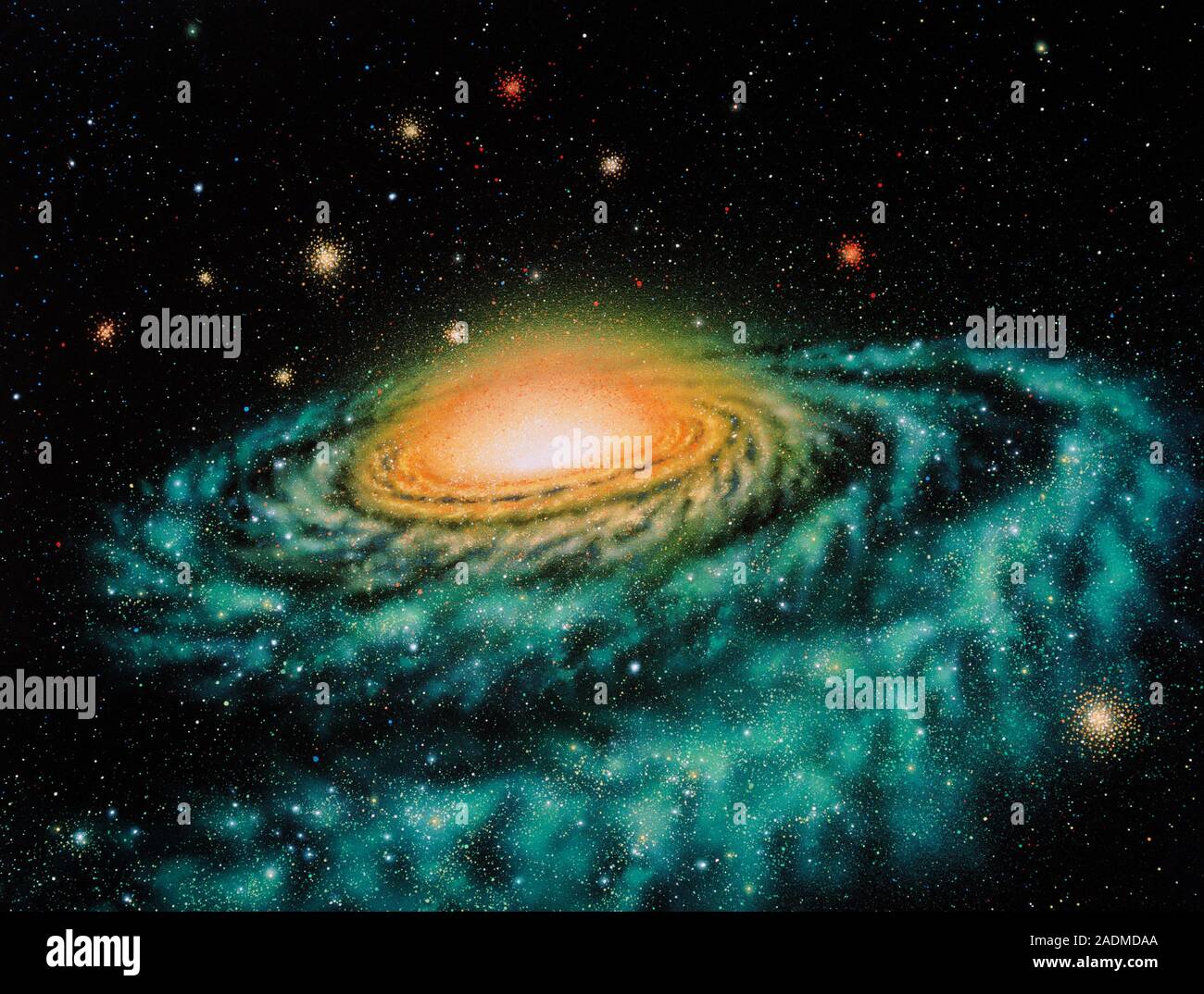 Spiral galaxy. Artist's impression of a large, spiral galaxy with small ...