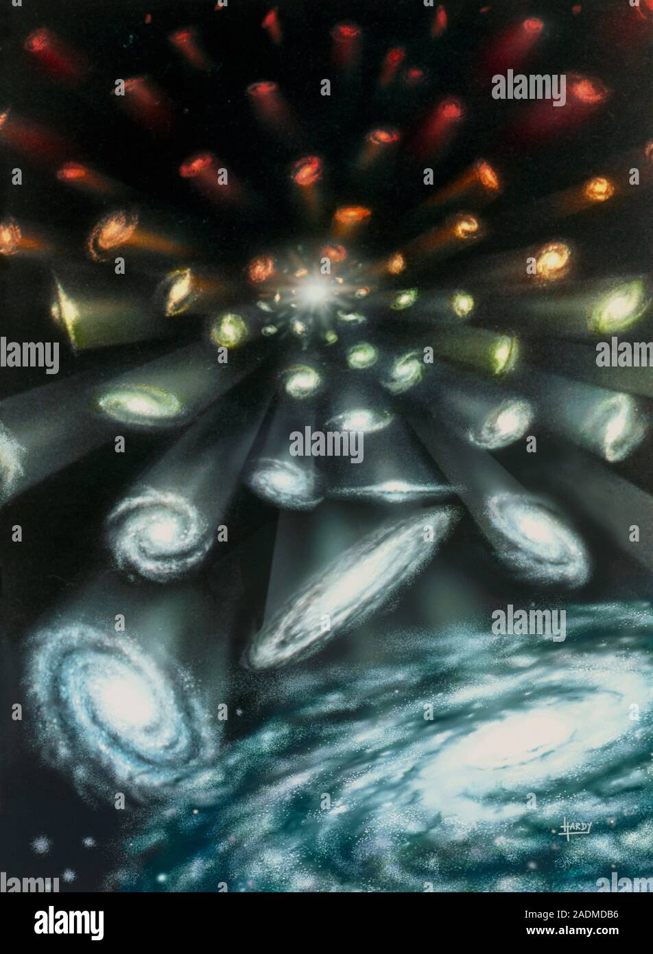 Expanding universe. Illustration of galaxies expanding from the Big ...