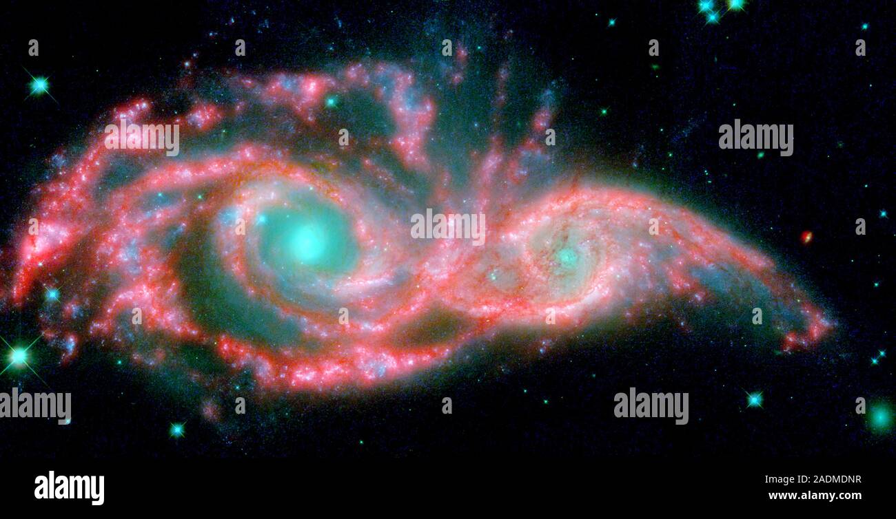 Colliding galaxies. Combined infrared and optical image of two colliding spiral galaxies, NGC ...