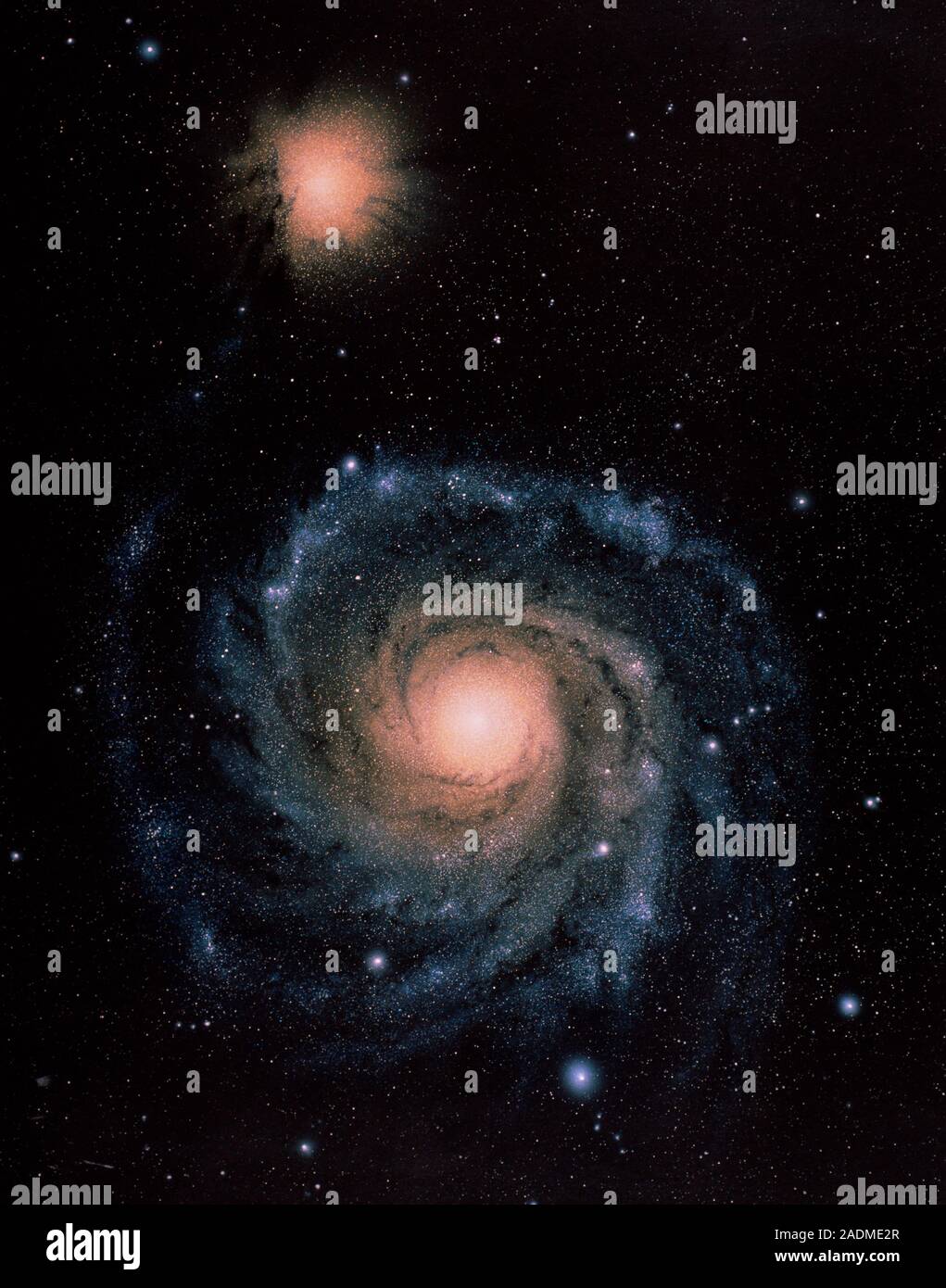 Artwork of the system M51 formed by the spiral galaxy NGC 5194 and its ...