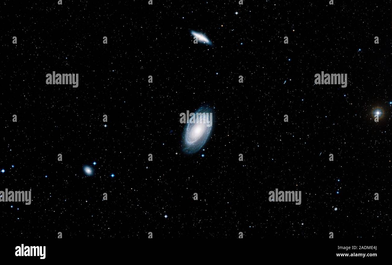 Galaxies M81 and M82. Optical image of the spiral galaxy M81 (centre ...