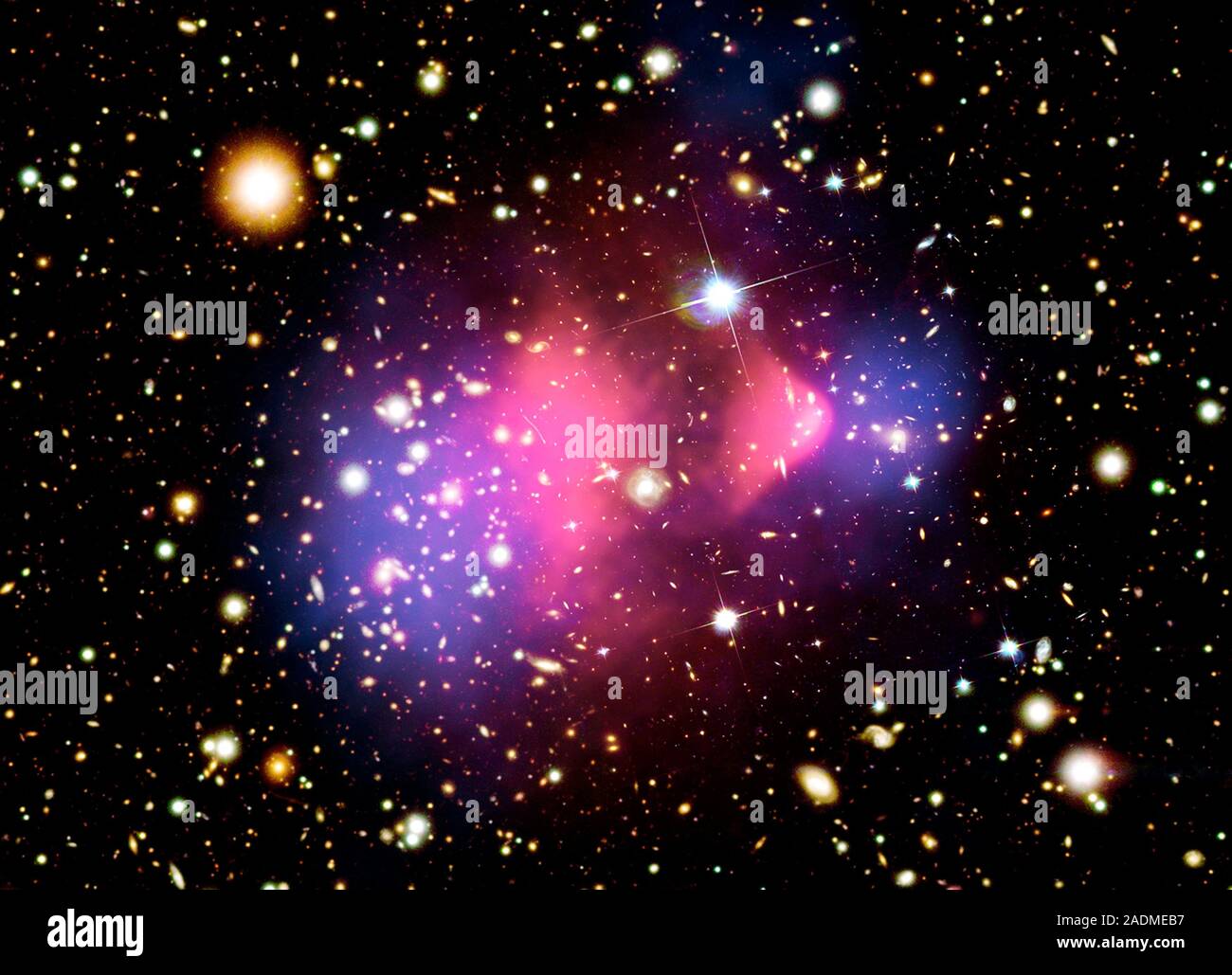 Bullet cluster (1E 0657-56), X-ray image. The bullet cluster, which ...